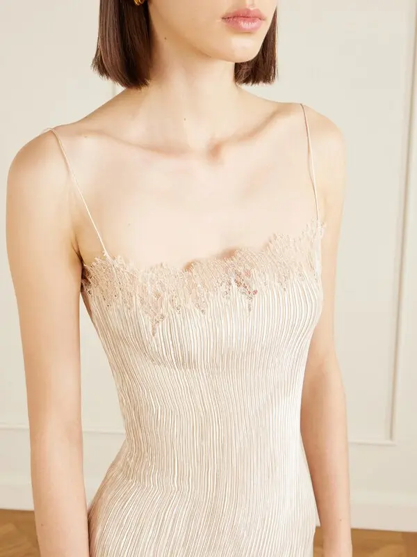FFORME Lumi Lace-trimmed Plissé-crepe Midi Dress - Neutrals