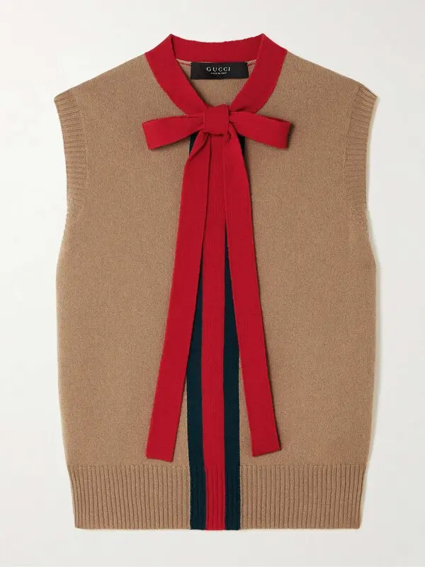 Gucci Bow-detailed Striped Cashmere Tank - Navy