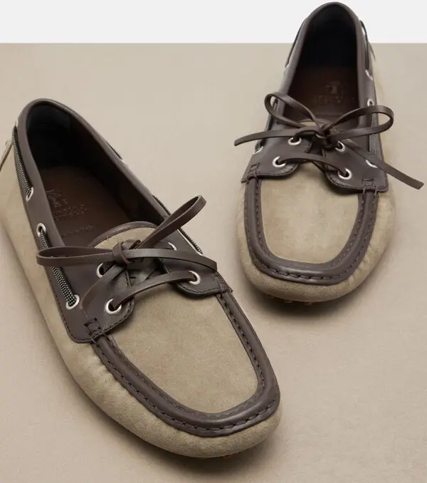 Brunello Cucinelli Monili Leather-trimmed Suede Boat Shoes - Beige