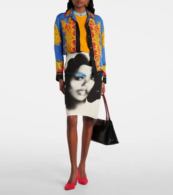 Versace Printed Silk Poplin Midi Skirt