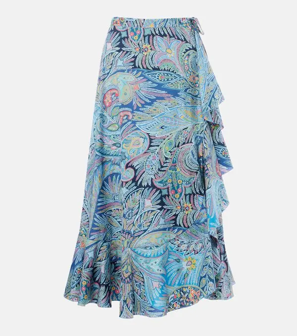 Etro Printed Ruffled Cotton-blend Midi Skirt - Multicoloured