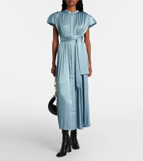 JOSEPH Phare Plissé Satin Midi Dress - Blue