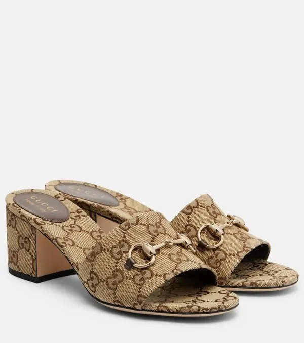 Gucci Horsebit Gg Canvas Mules - Beige