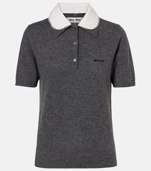 Miu Miu Logo Cashmere Polo Sweater - Grey