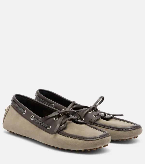Brunello Cucinelli Monili Leather-trimmed Suede Boat Shoes - Beige