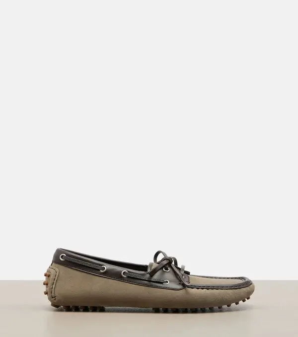 Brunello Cucinelli Monili Leather-trimmed Suede Boat Shoes