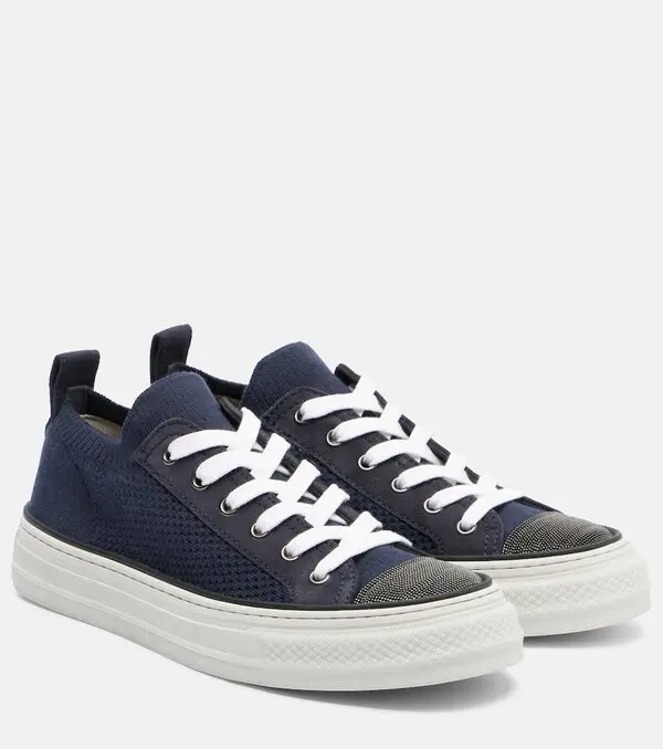 Brunello Cucinelli Monili Suede And Fabric Sneakers - Blue
