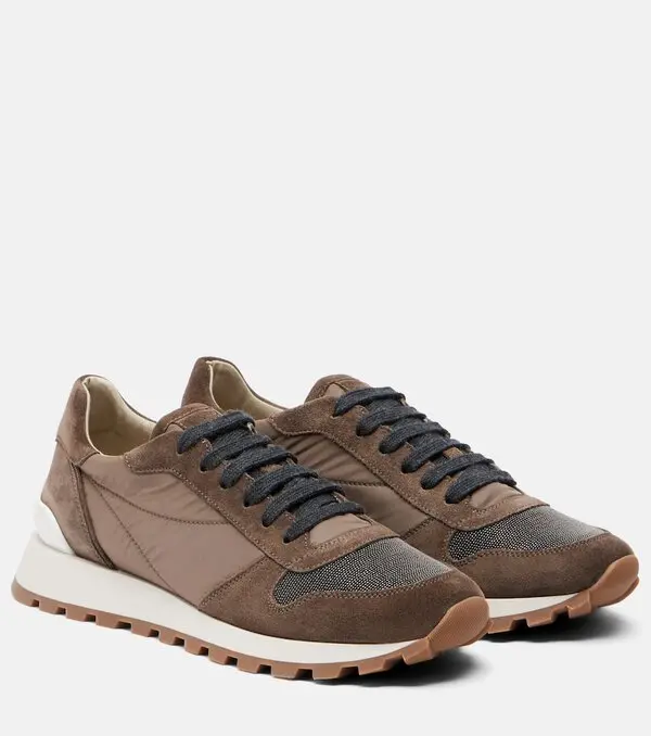 Brunello Cucinelli Monili Suede-trimmed Sneakers - Brown