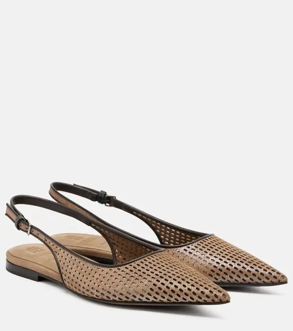 Brunello Cucinelli Perforated Leather Slingback Flats