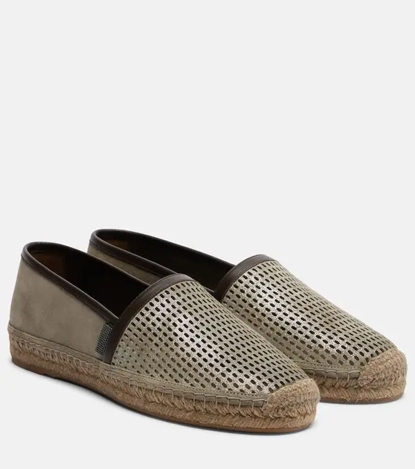 Brunello Cucinelli Perforated Leather And Suede Espadrilles - Grey