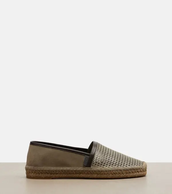 Brunello Cucinelli Perforated Leather And Suede Espadrilles - Grey