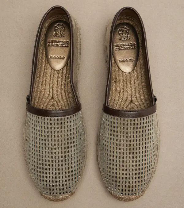 Brunello Cucinelli Perforated Leather And Suede Espadrilles - Grey