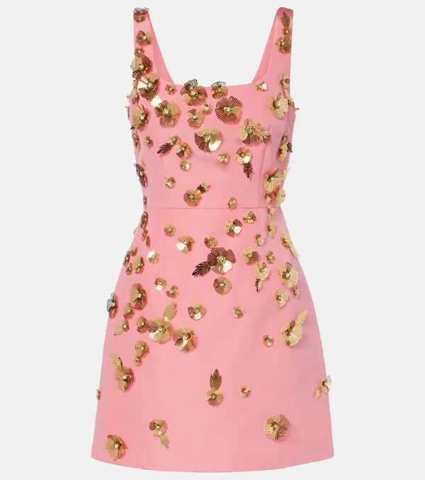 Carolina Herrera Floral Appliqué Silk Faille Mini Dress - Pink
