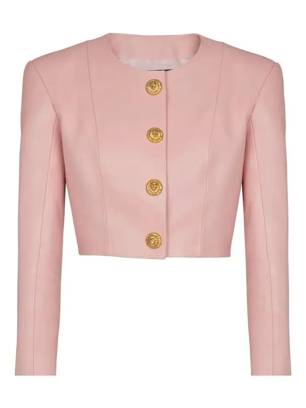 Balmain Long Sleeves Buttoned Lambskin Cropped Jacket - Pink