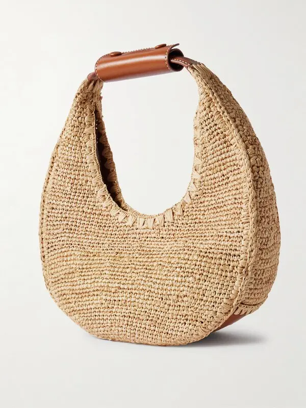 Staud Moon Leather-trimmed Raffia Tote