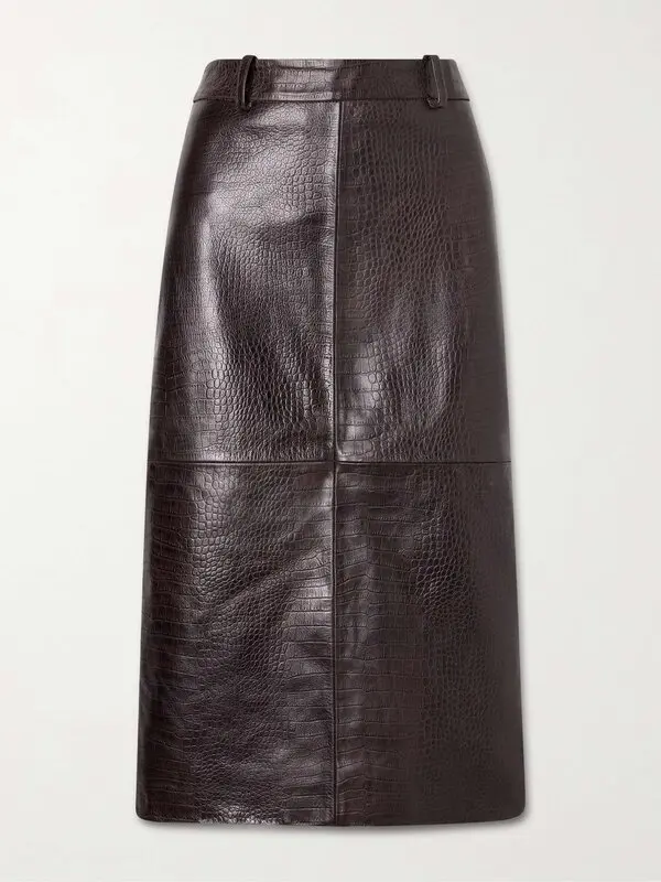 THE FRANKIE SHOP Taney Paneled Croc-effect Leather Midi Skirt - Dark Brown