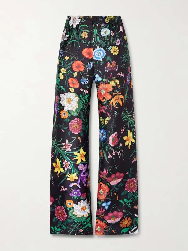 Gucci Floral-print Silk-twill Wide-leg Pants - Black