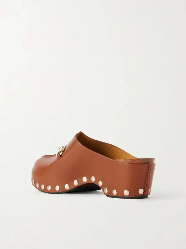 Gucci Embellished Studded Leather Clogs - Light Brown