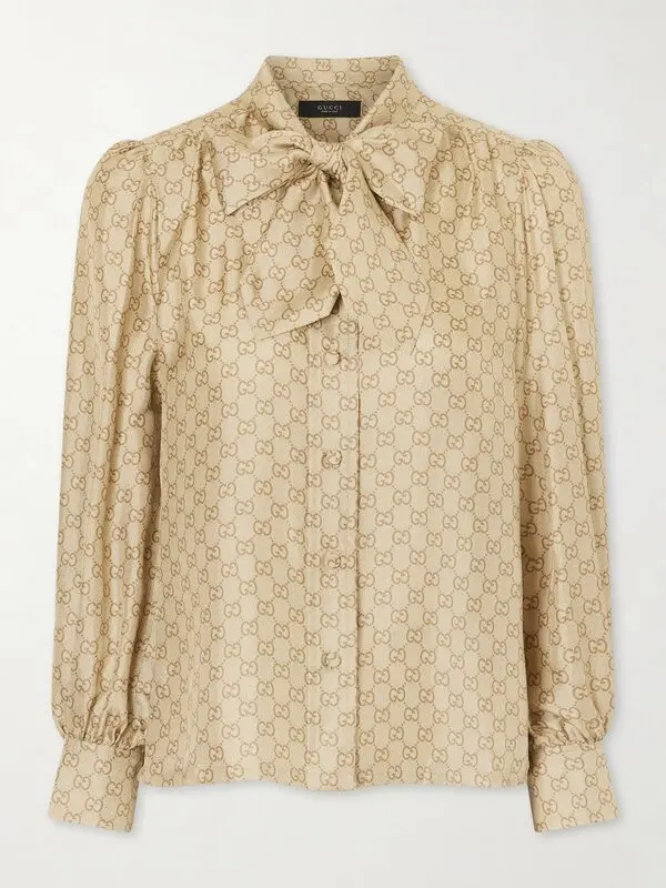 Gucci Printed Silk-twill Pussy-bow Blouse - Neutrals