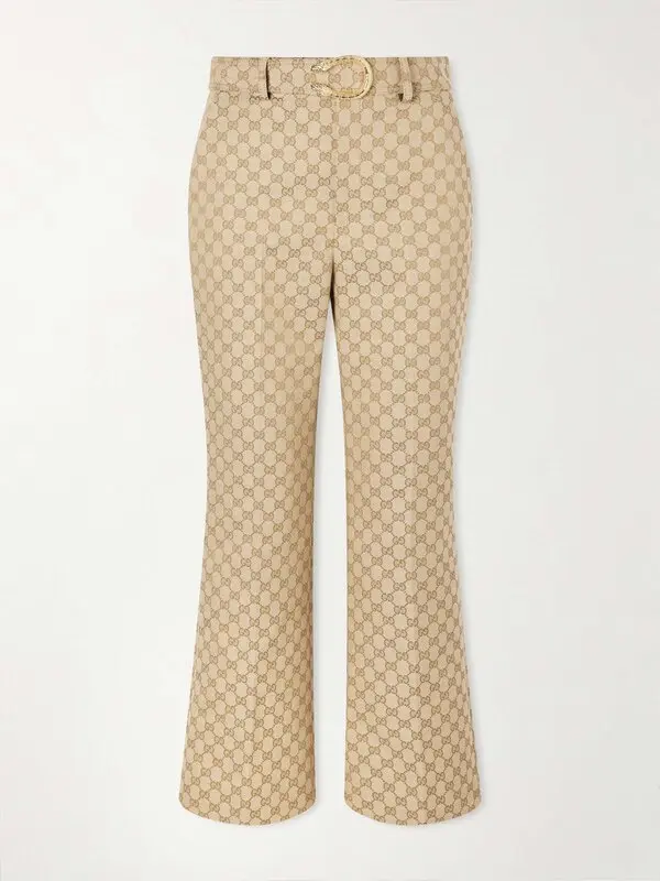 Gucci Belted Canvas-jacquard Bootcut Pants - Beige