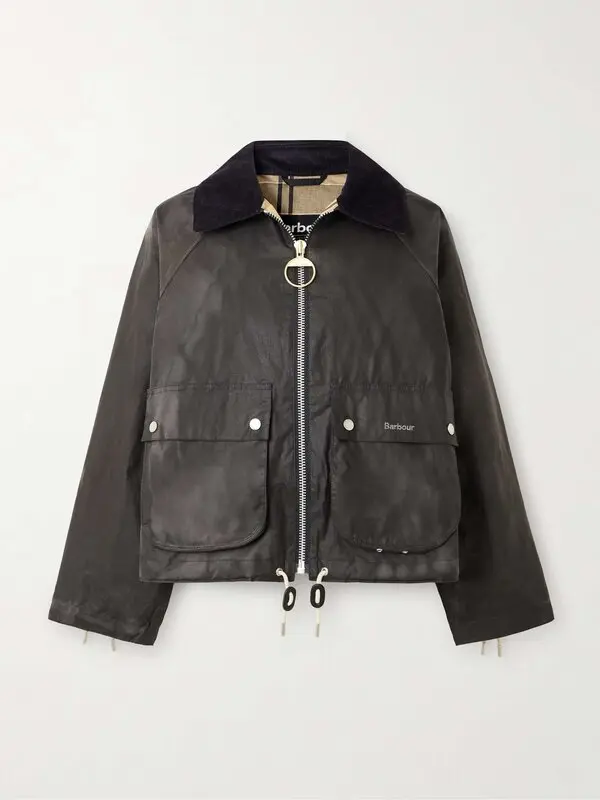 Barbour Marron Leather And Corduroy-trimmed Waxed-cotton Jacket - Dark Gray