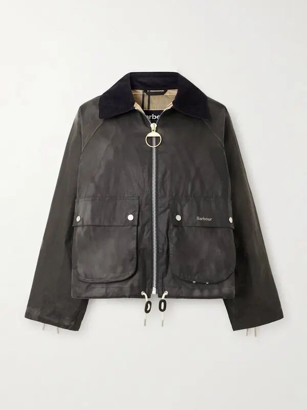 Barbour Marron Leather And Corduroy-trimmed Waxed-cotton Jacket - Gray