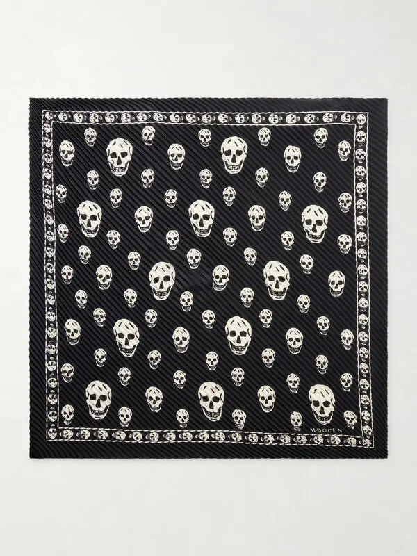 Alexander McQueen Printed Plissé Silk-satin Scarf - Black