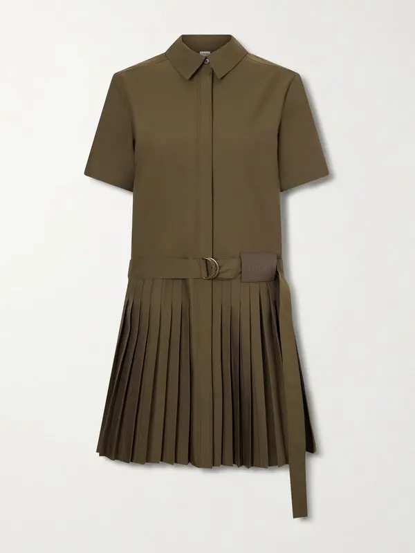 Loewe Belted Pleated Mini Shirt Dress - Green