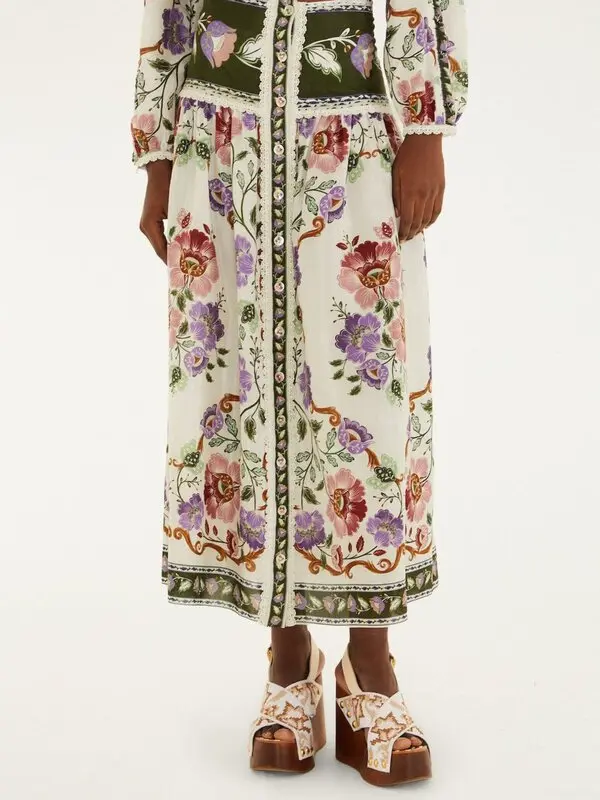 Farm Rio Rococo Floral-motif Midi Skirt