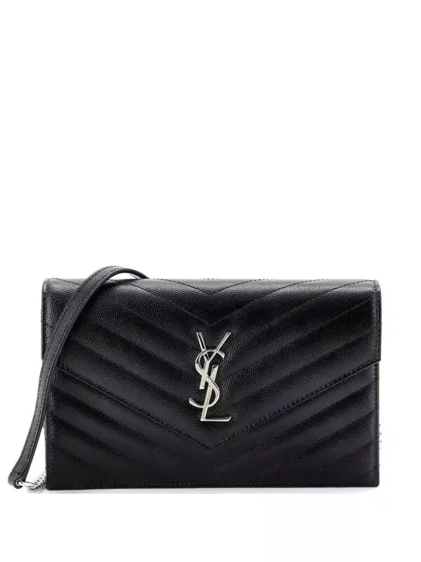 Saint Laurent Classic Monogram Wallet On Chain Matelasse Chevron Leather Small Crossbody Bag - Black