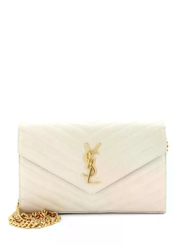 Saint Laurent Classic Monogram Wallet On Chain Matelasse Chevron Leather Medium Crossbody Bag - White