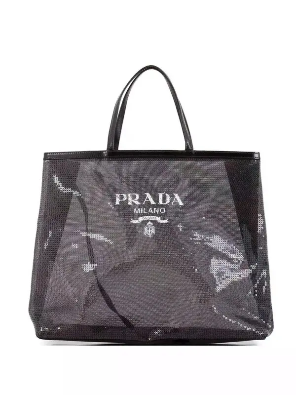 Prada Logo Open Sequined Mesh Large Tote Bag - Black