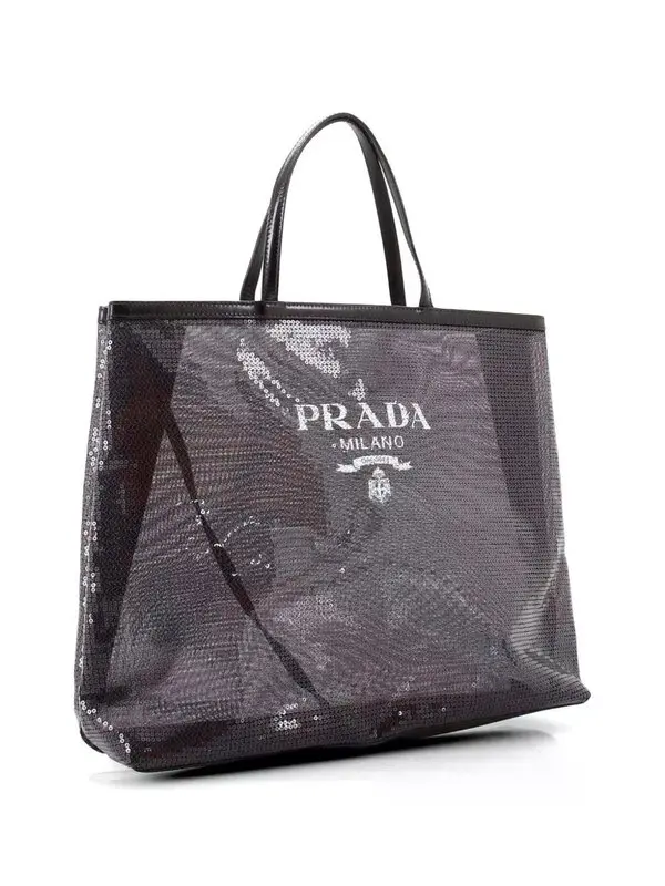 Prada Logo Open Sequined Mesh Large Tote Bag