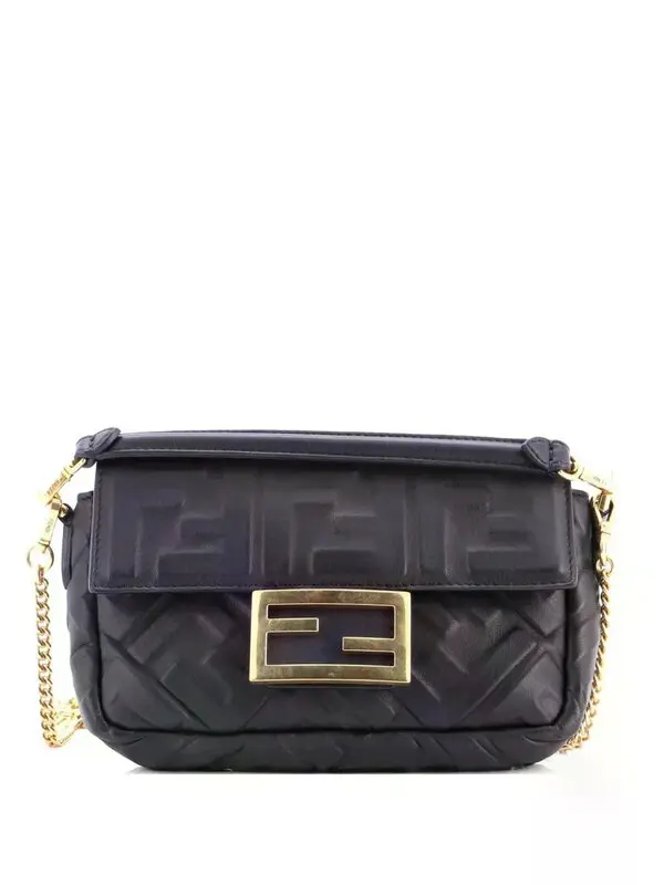 Fendi Baguette Nm Bag Zucca Embossed Leather Mini Crossbody Bag - Black