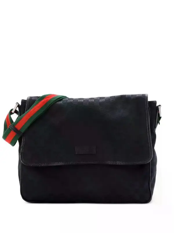 Gucci Web Strap Flap Messenger Gg Canvas Medium Crossbody Bag - Black