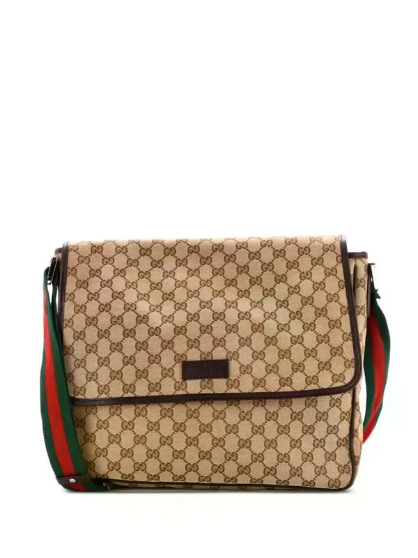 Gucci Web Strap Flap Messenger Gg Canvas Medium Crossbody Bag - Brown