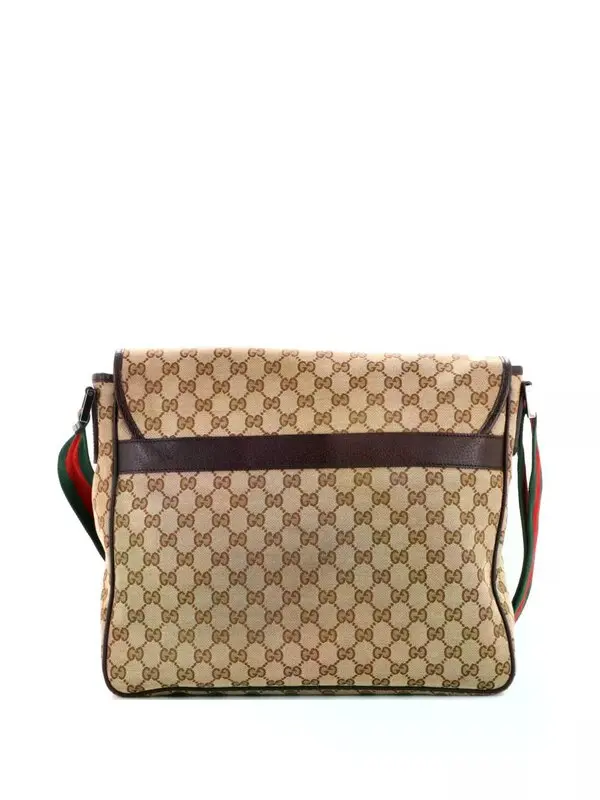 Gucci Web Strap Flap Messenger Gg Canvas Medium Crossbody Bag - Brown
