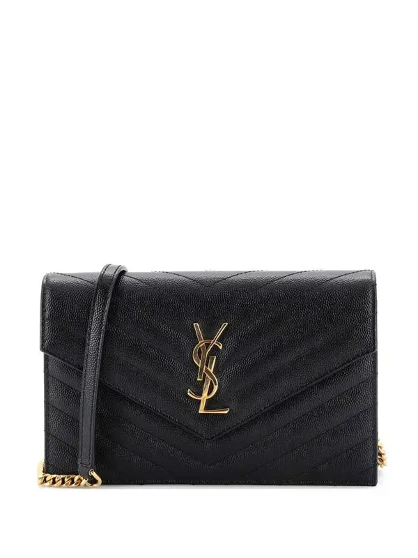 Saint Laurent Classic Monogram Wallet On Chain Matelasse Chevron Leather Small Crossbody Bag - Black