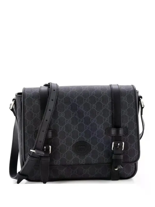 Gucci Interlocking G Patch Messenger Bag Gg Coated Canvas With Leather Medium Crossbody Bag - Black