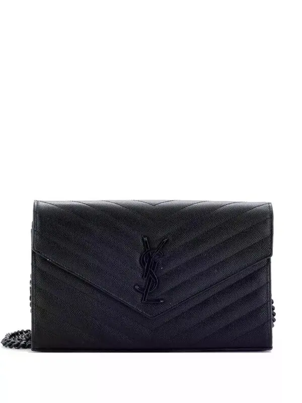Saint Laurent Classic Monogram Wallet On Chain Matelasse Chevron Leather Medium Crossbody Bag - Black