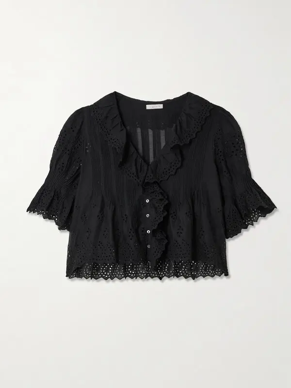 DÔEN Henri Cropped Broderie Anglaise Top - Black
