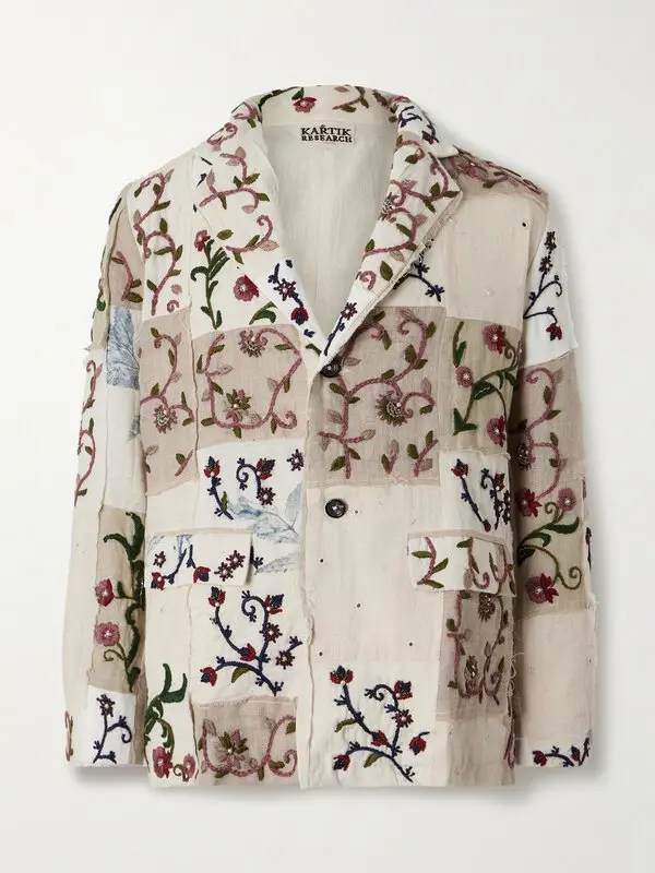KARTIK RESEARCH Chintz Embroidered Bead-embellished Patchwork Frayed Cotton Blazer - Neutrals