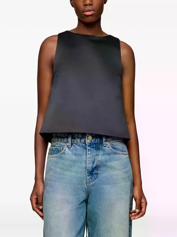 GANNI Satin Round Neck Tie Detail Top