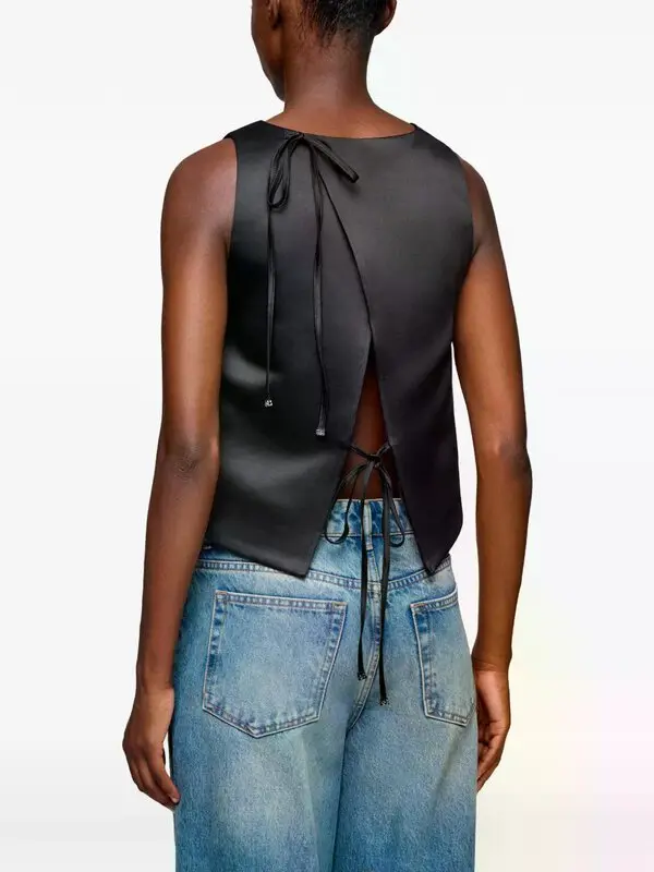 GANNI Satin Round Neck Tie Detail Top