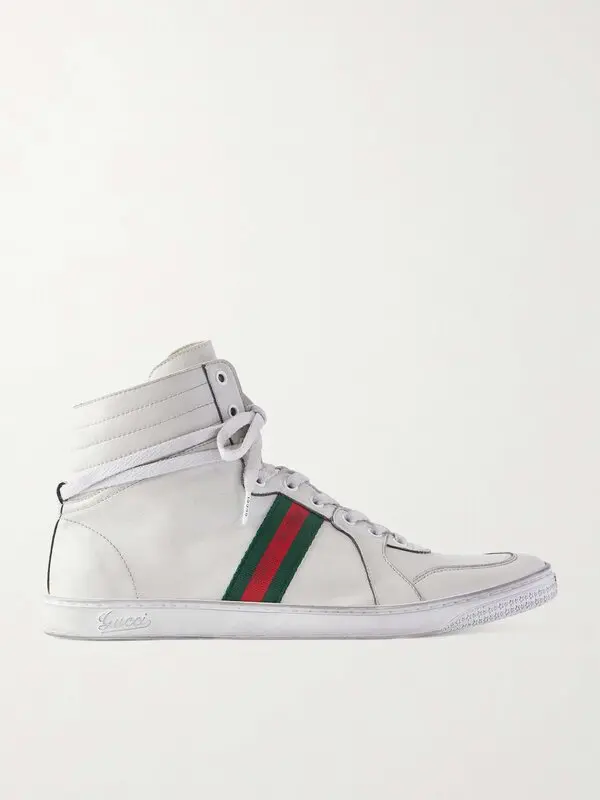 Gucci Distressed Webbing-trimmed Leather High-top Sneakers - White