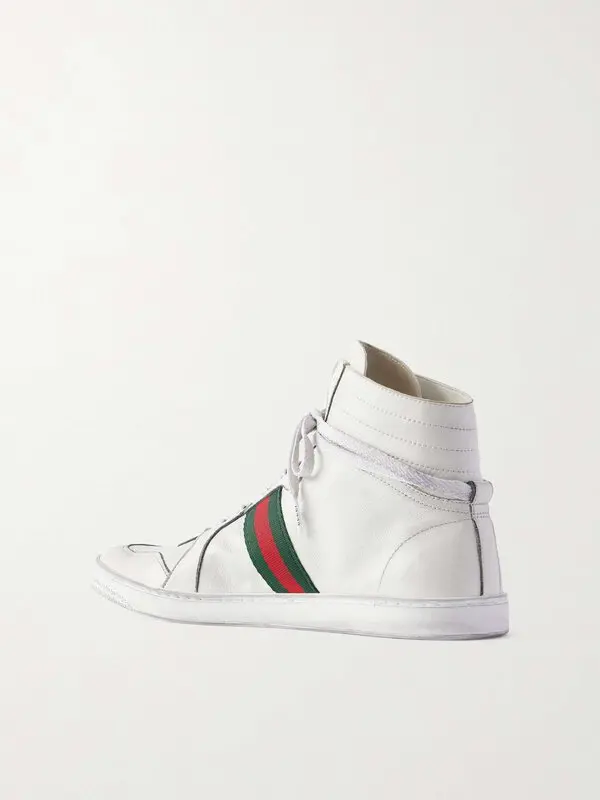 Gucci Distressed Webbing-trimmed Leather High-top Sneakers - White