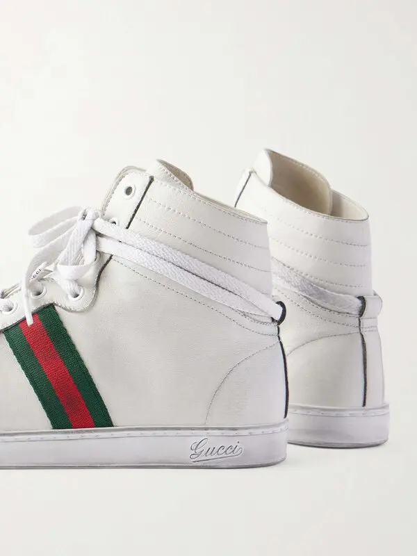 Gucci Distressed Webbing-trimmed Leather High-top Sneakers - White