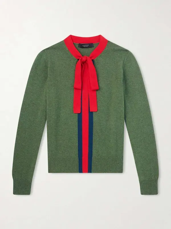 Gucci Slim-fit Cropped Wool-trimmed Striped Cashmere Sweater - Green