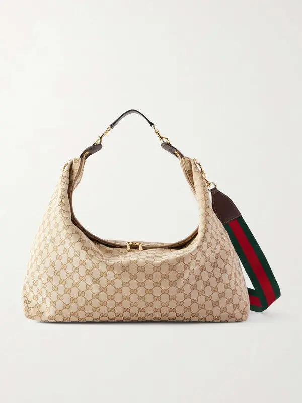 Gucci Brera Large Webbing- And Leather-trimmed Monogrammed Canvas Tote Bag - Beige