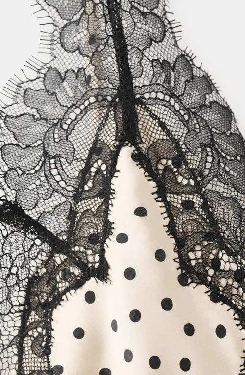 Mango Polka Dot Lace Trimmed Satin Top